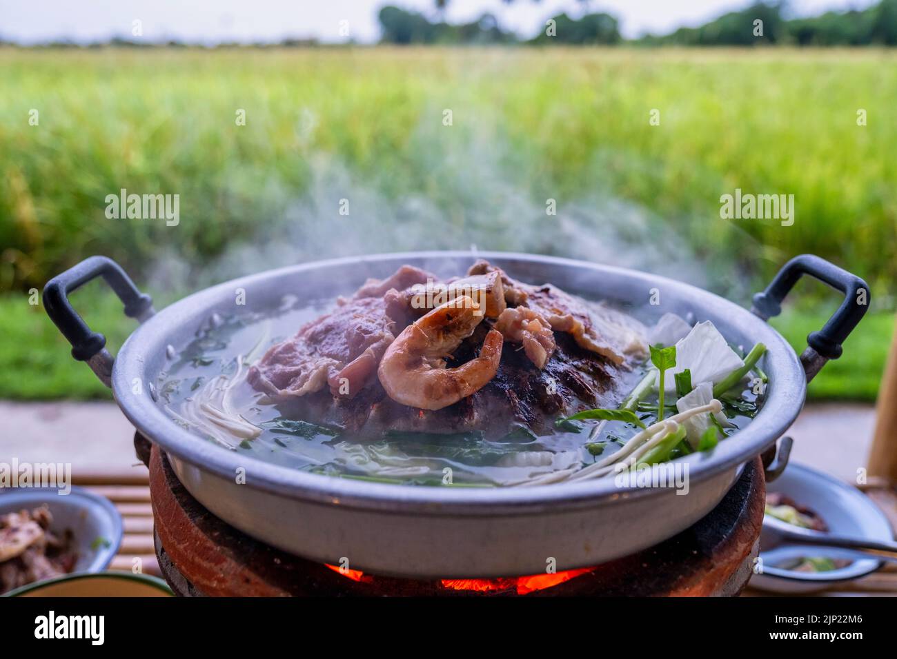 Korean bbq on vacation at a homestay in Thailand, eco farm with green ...