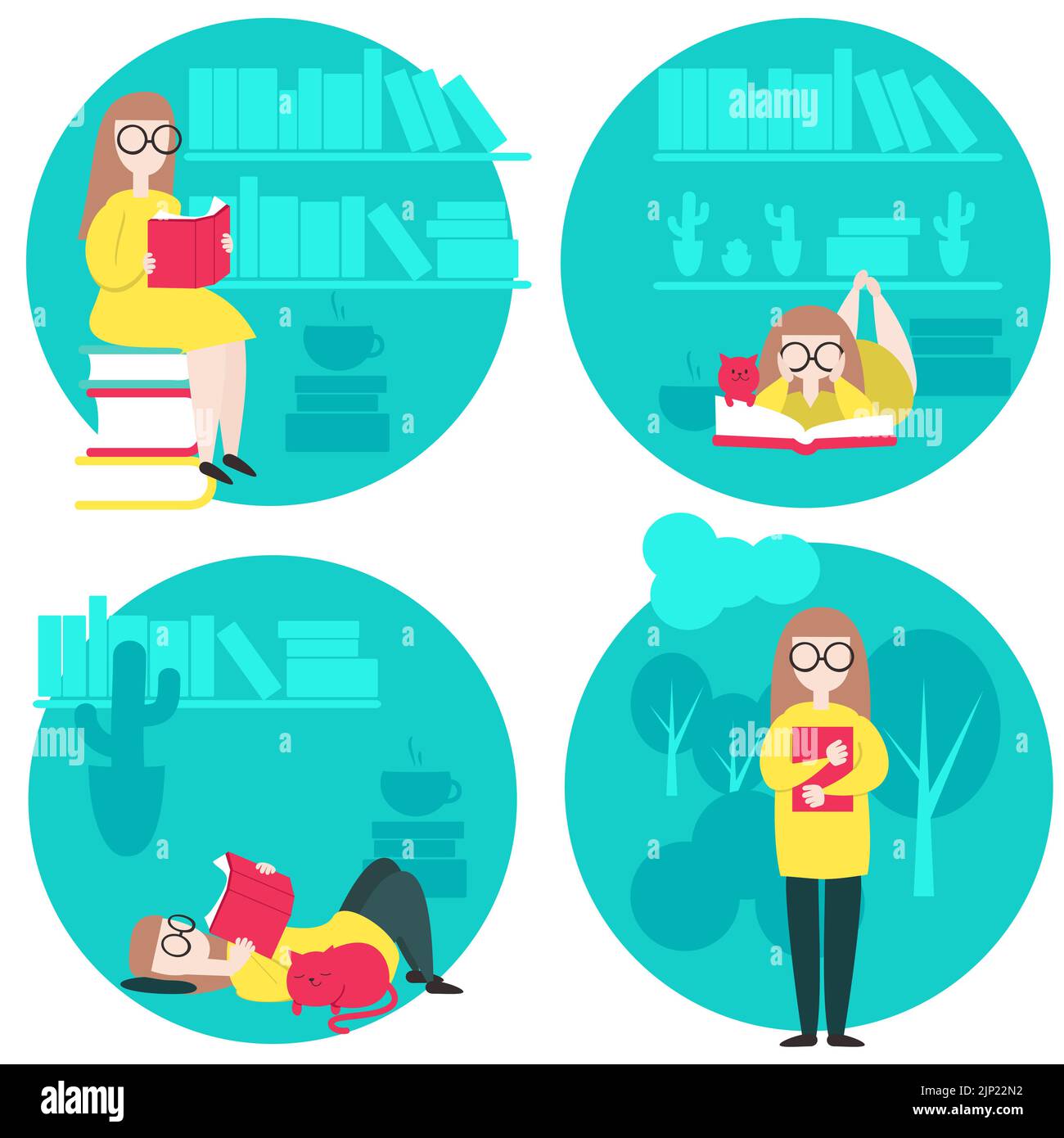 Young woman reading book while sitting, standing, lying at home and ...