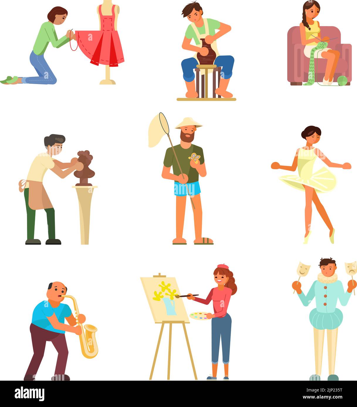 Group of people enjoying their hobbies vector flat illustration. Sewing ...