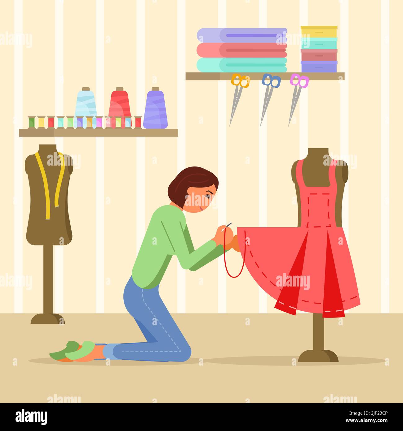 Woman seamstress sewing red dress. Vector illustration in flat style ...
