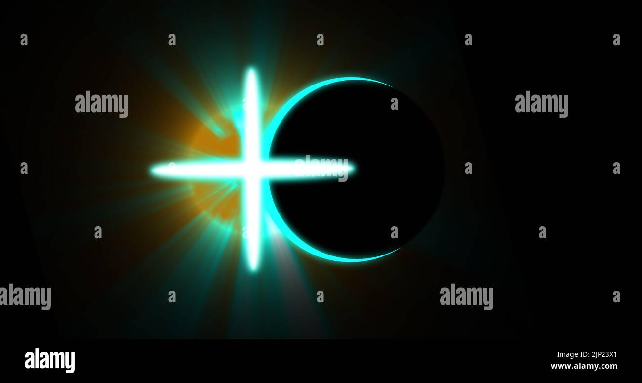 Image of glowing cross and green eclipse circle over black background ...