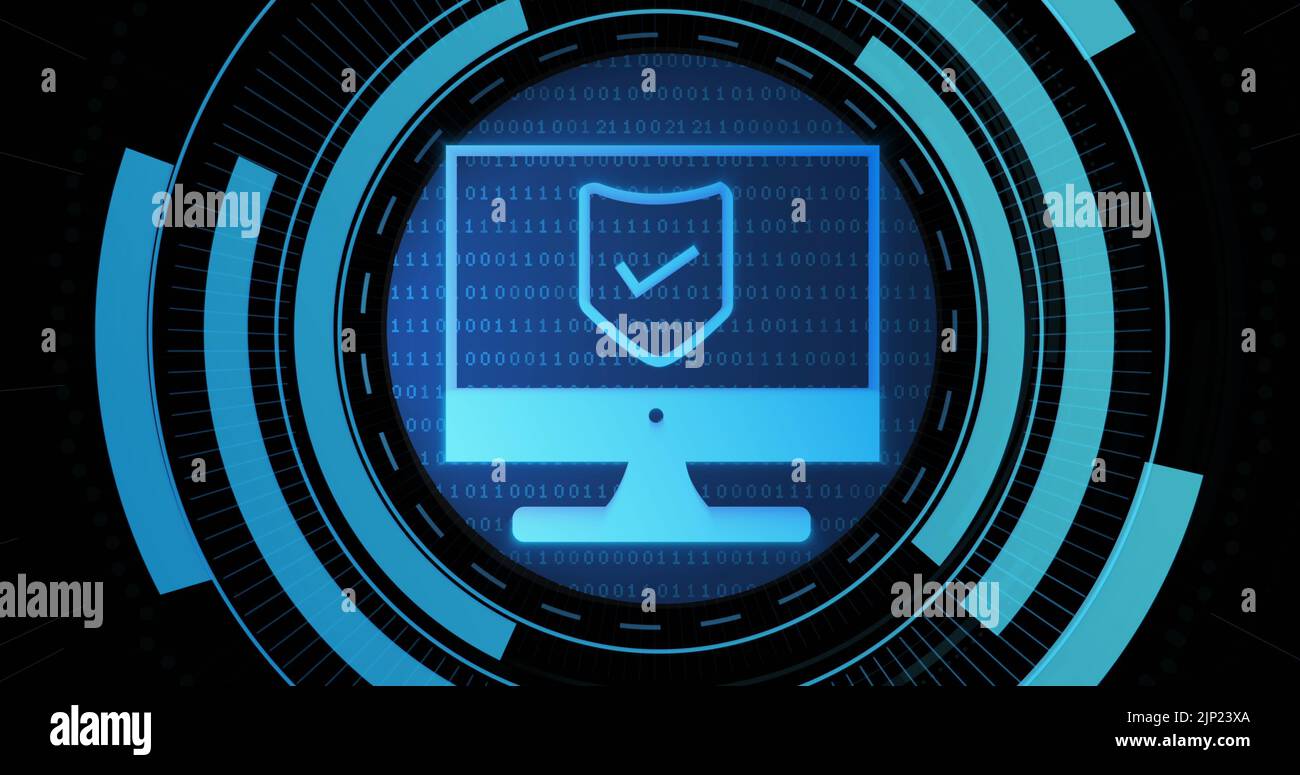Image of shield on computer screen in processing circle on black ...