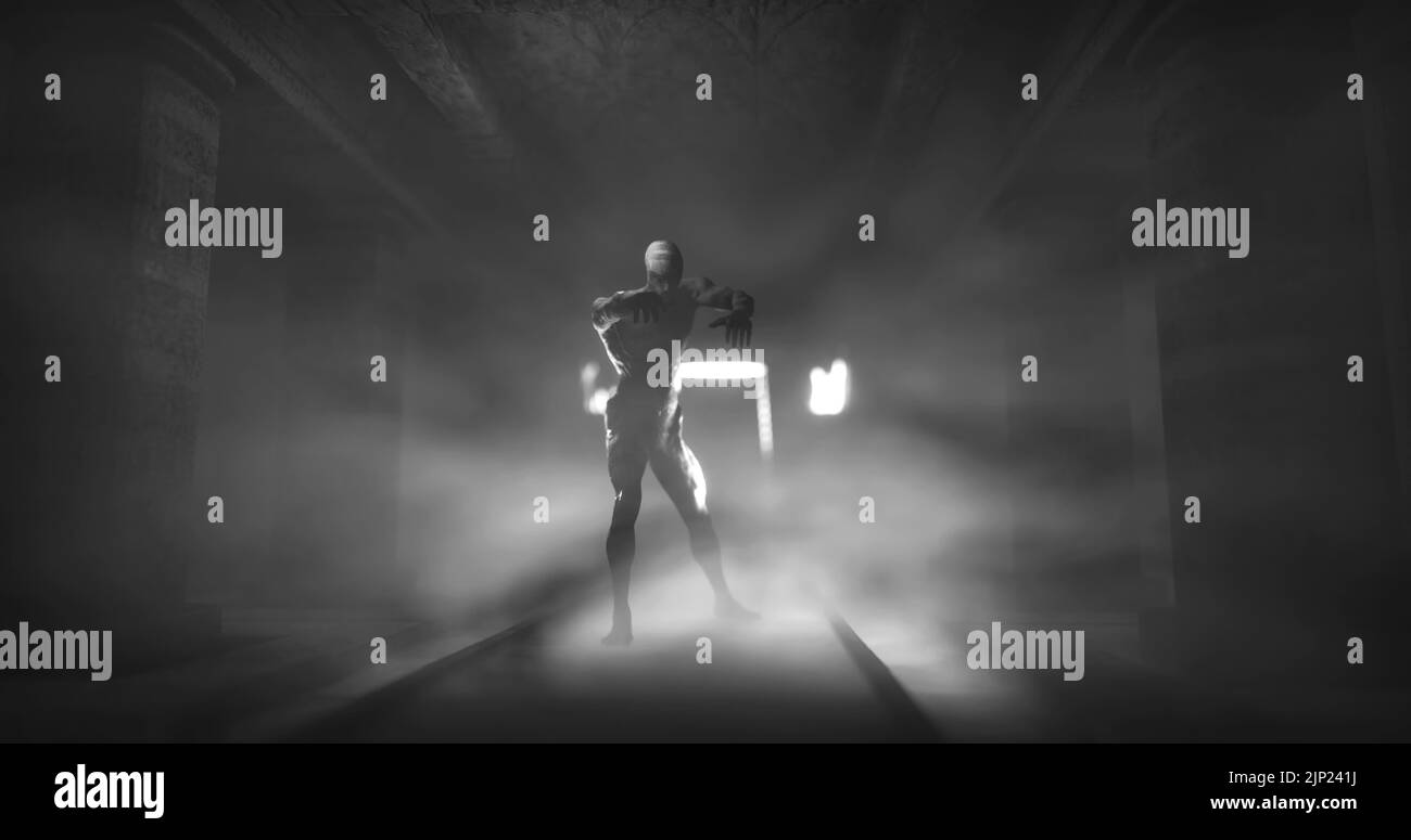 Image of scary zombie mummy walking in dark crypt with burning torches ...