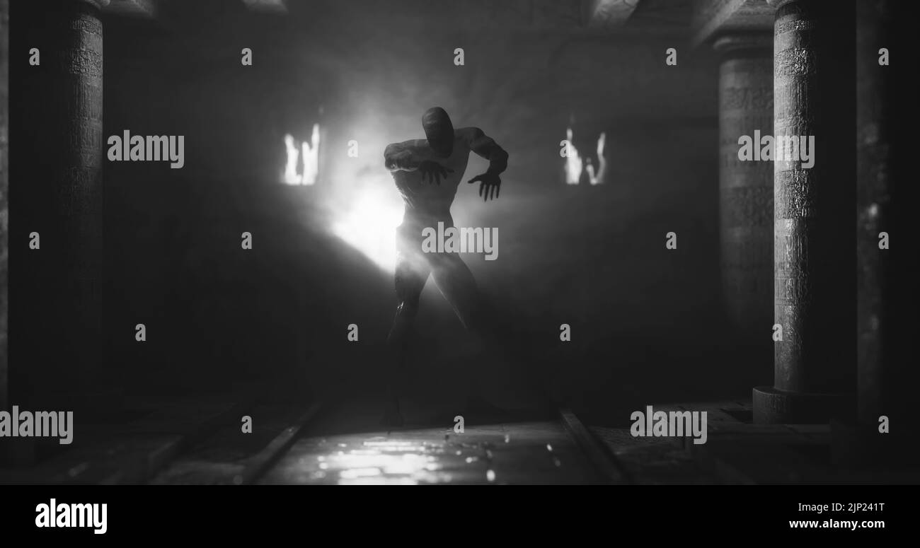 Image of scary zombie mummy walking in dark crypt with burning torches ...