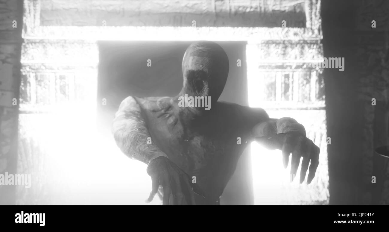 Image of scary zombie mummy walking in dark crypt with burning torches ...