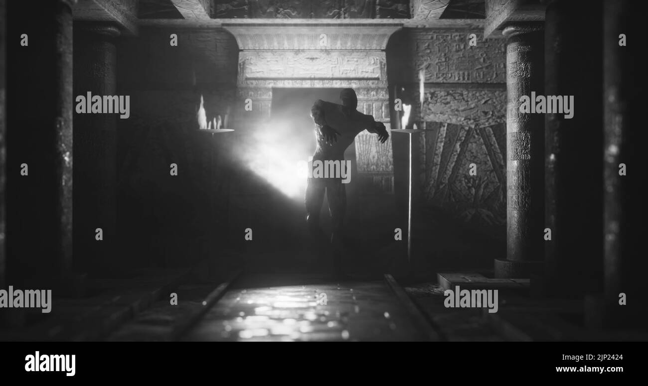 Image of scary zombie mummy walking in dark crypt with burning torches ...