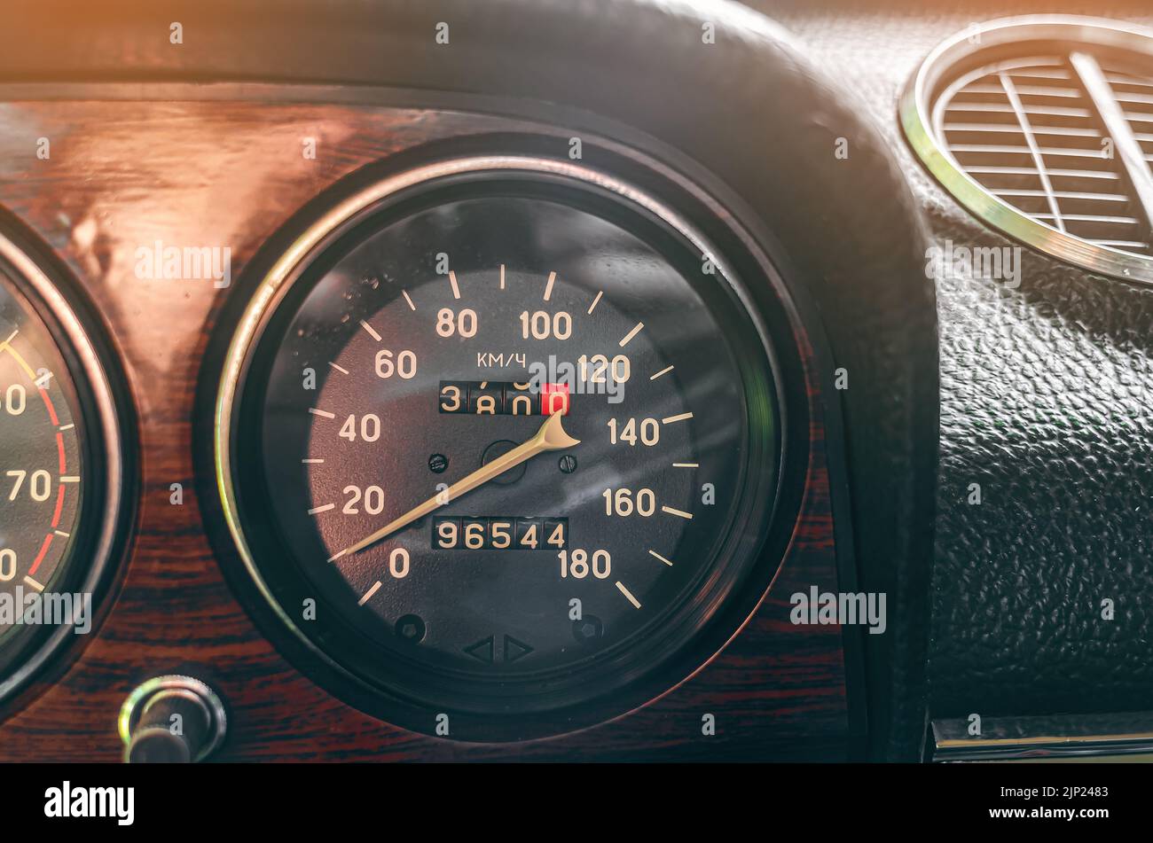Instrument panel of old car. View of Lada car from inside. Mileage of ...