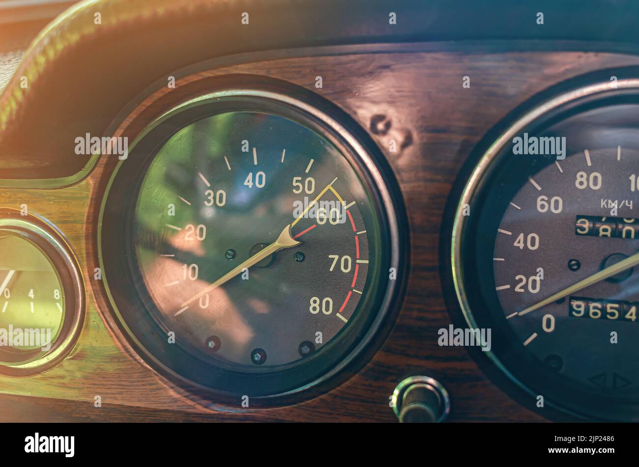 Instrument panel of old car. View of Lada car from inside. Speedometer ...