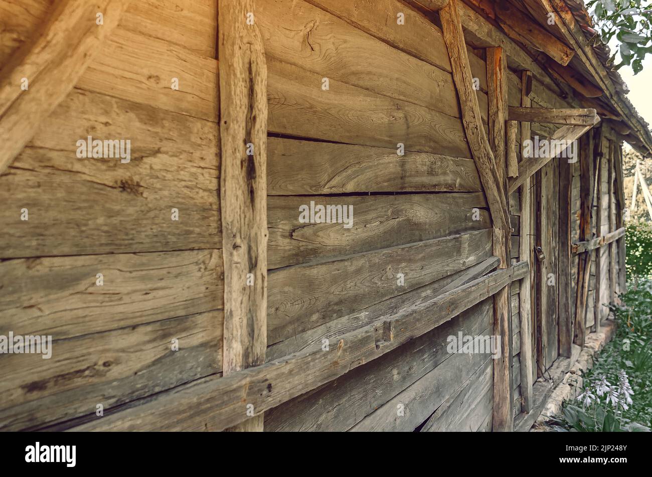 Old wooden barn wall. Side view of wooden wall in weathered wooden ...