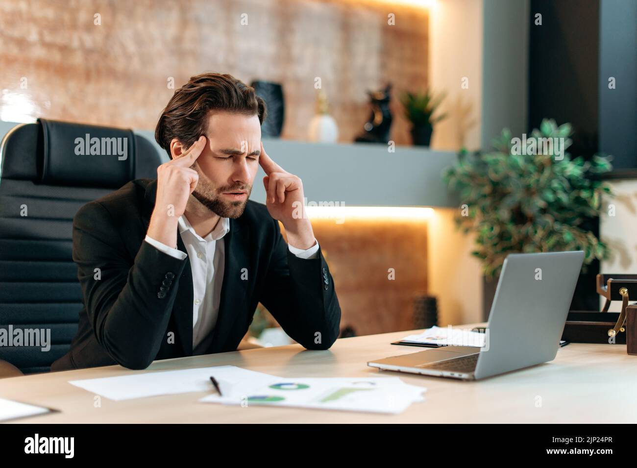 Headache, migraine. Fatigue caucasian businessman, office employee ...