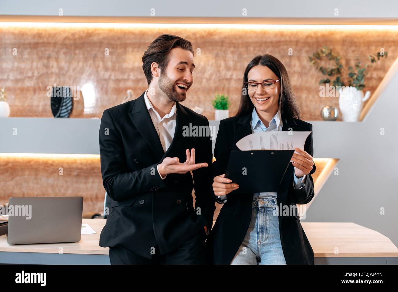 Positive successful confident business partners, caucasian man and ...