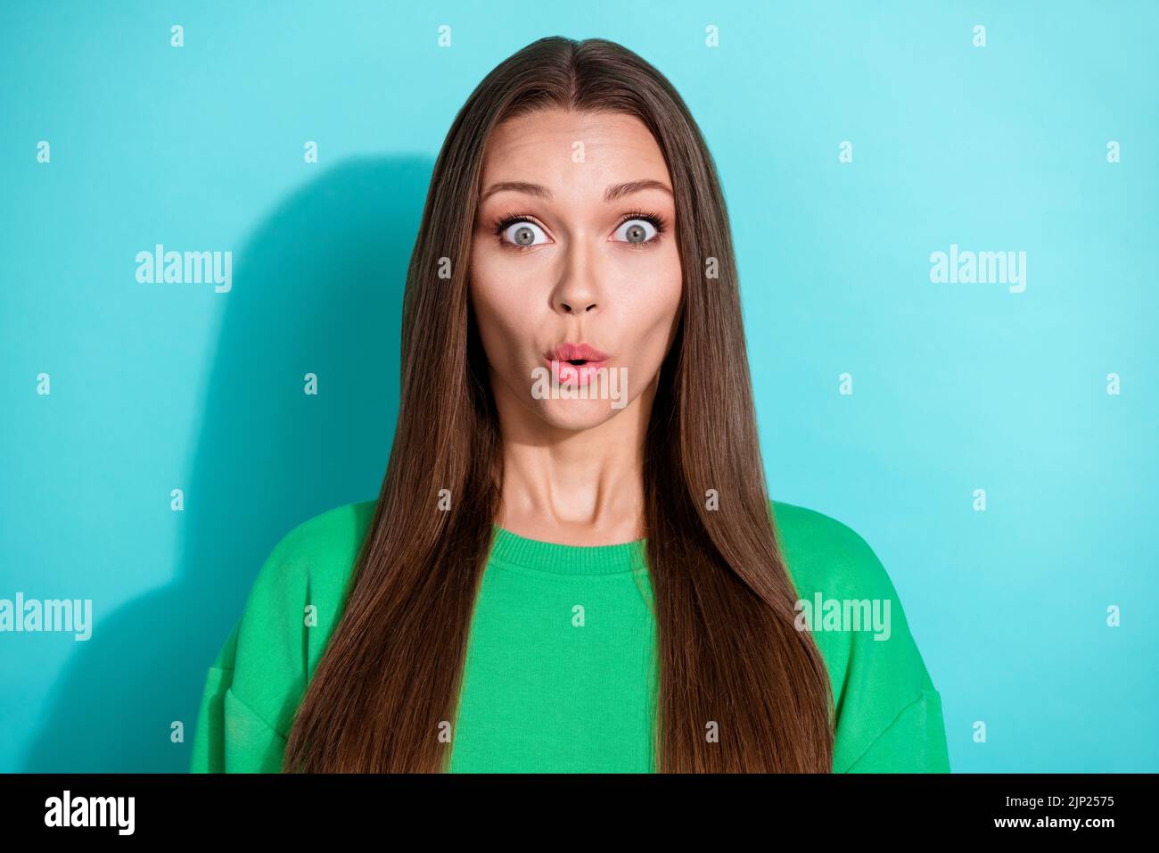 Closeup photo of young funny cute lady pouted lips unexpected how big ...