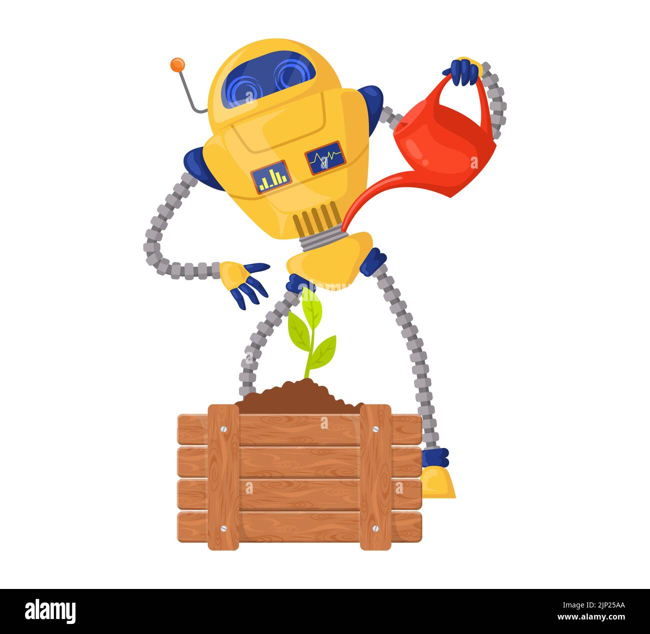 Robot assistant watering plant vector icon isolated on white background ...