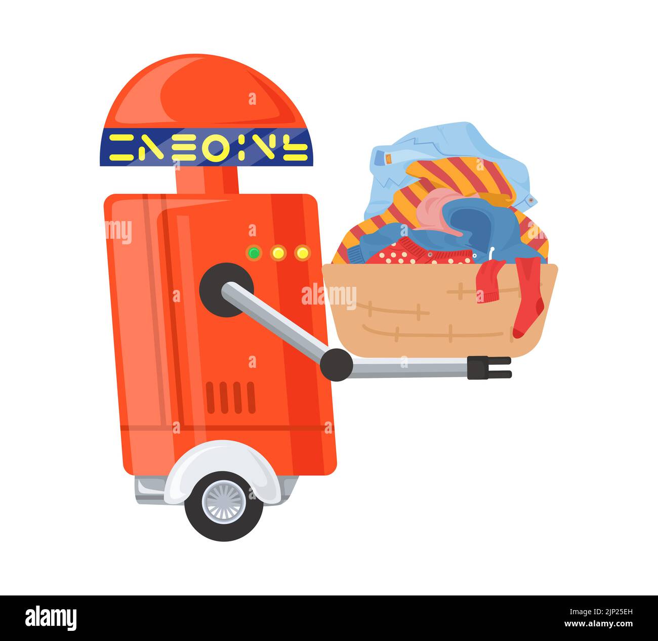 Robot assistant carrying laundry vector icon isolated on white ...
