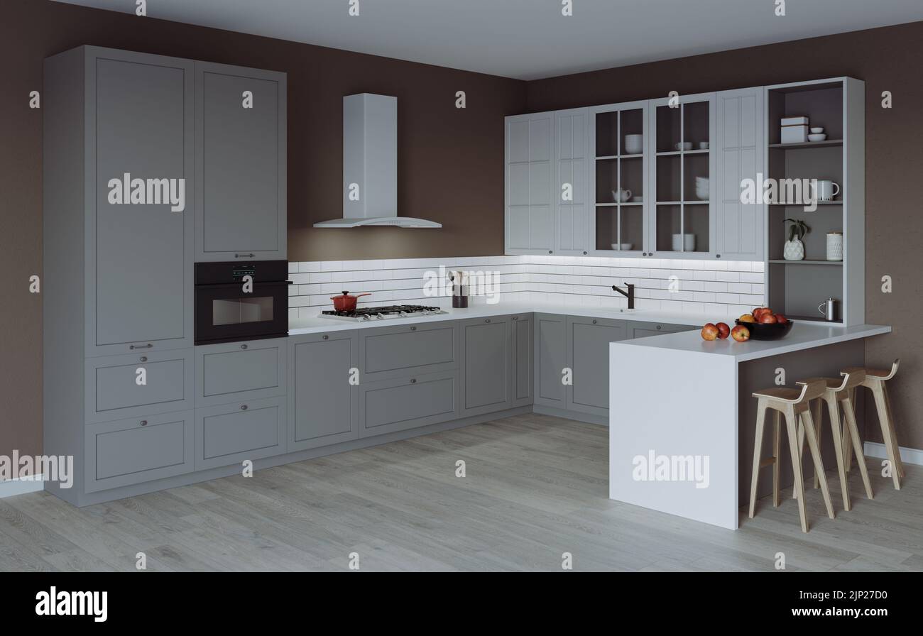 3D rendering of a modern kitchen. Kitchen with frame facades Stock ...