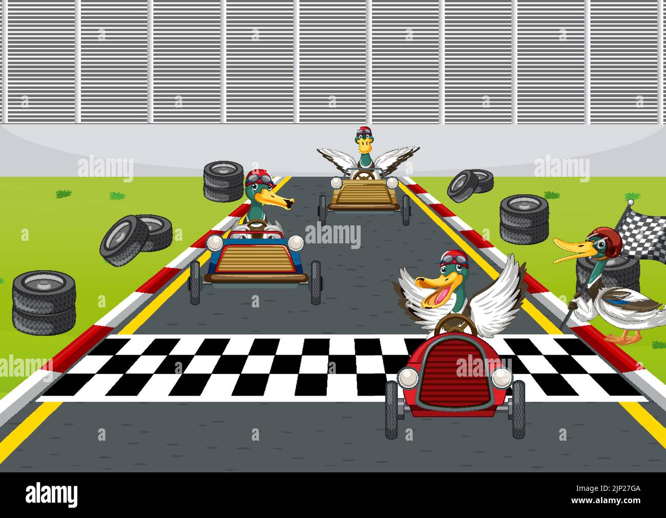 Soap box derby race with ducks cartoon character illustration Stock ...