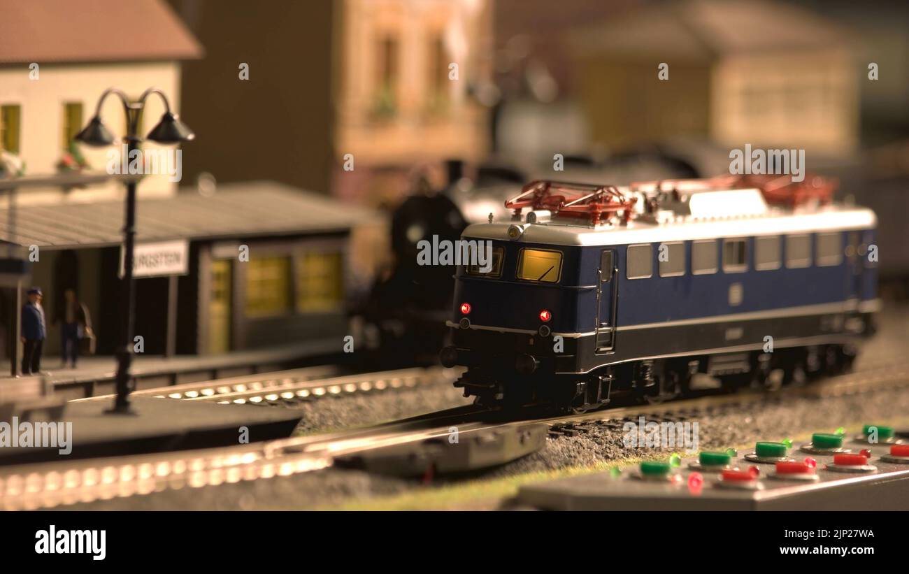 Mini train station modelling. Model of railway station with moving ...