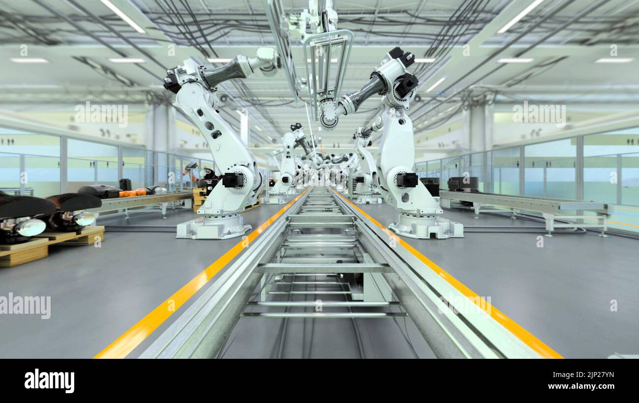 Industrial Robotic Factory, where Industrial Robots are showing a part ...