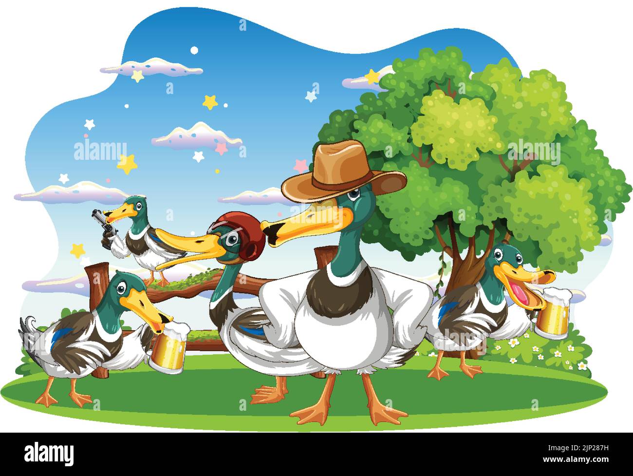 Happy duck group in nature scene illustration Stock Vector Image & Art ...