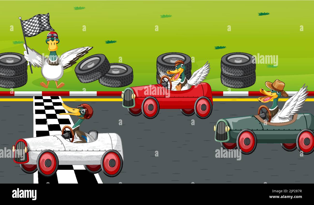 Soap box derby race with ducks cartoon character illustration Stock ...