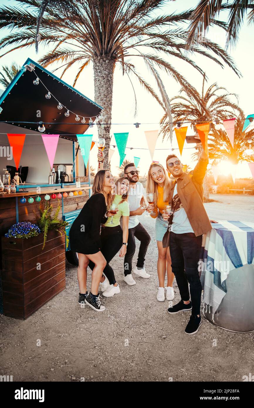 happy, summer, bar counter, friends, selfie, beachparty, imbisswagen ...