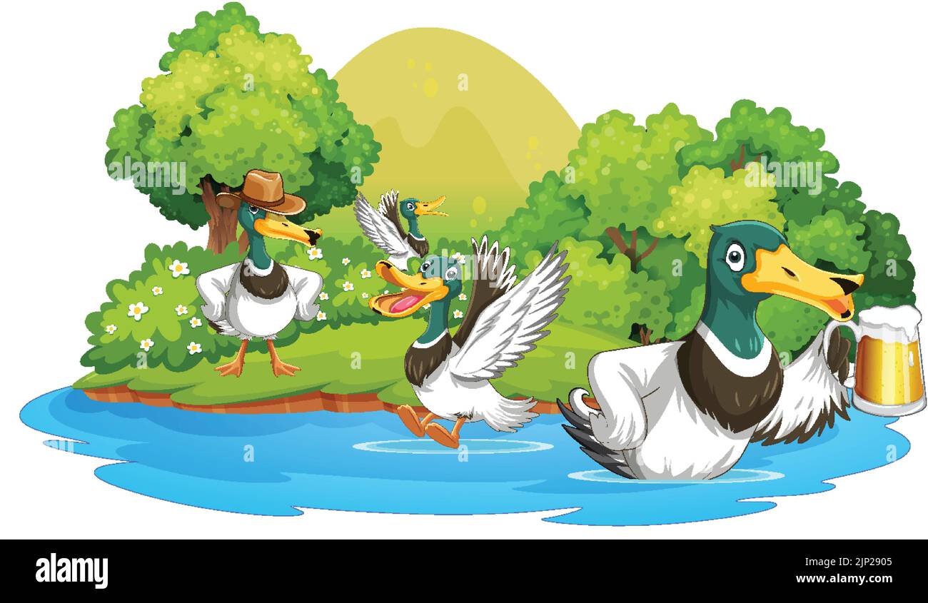 Happy duck group in nature scene illustration Stock Vector Image & Art ...