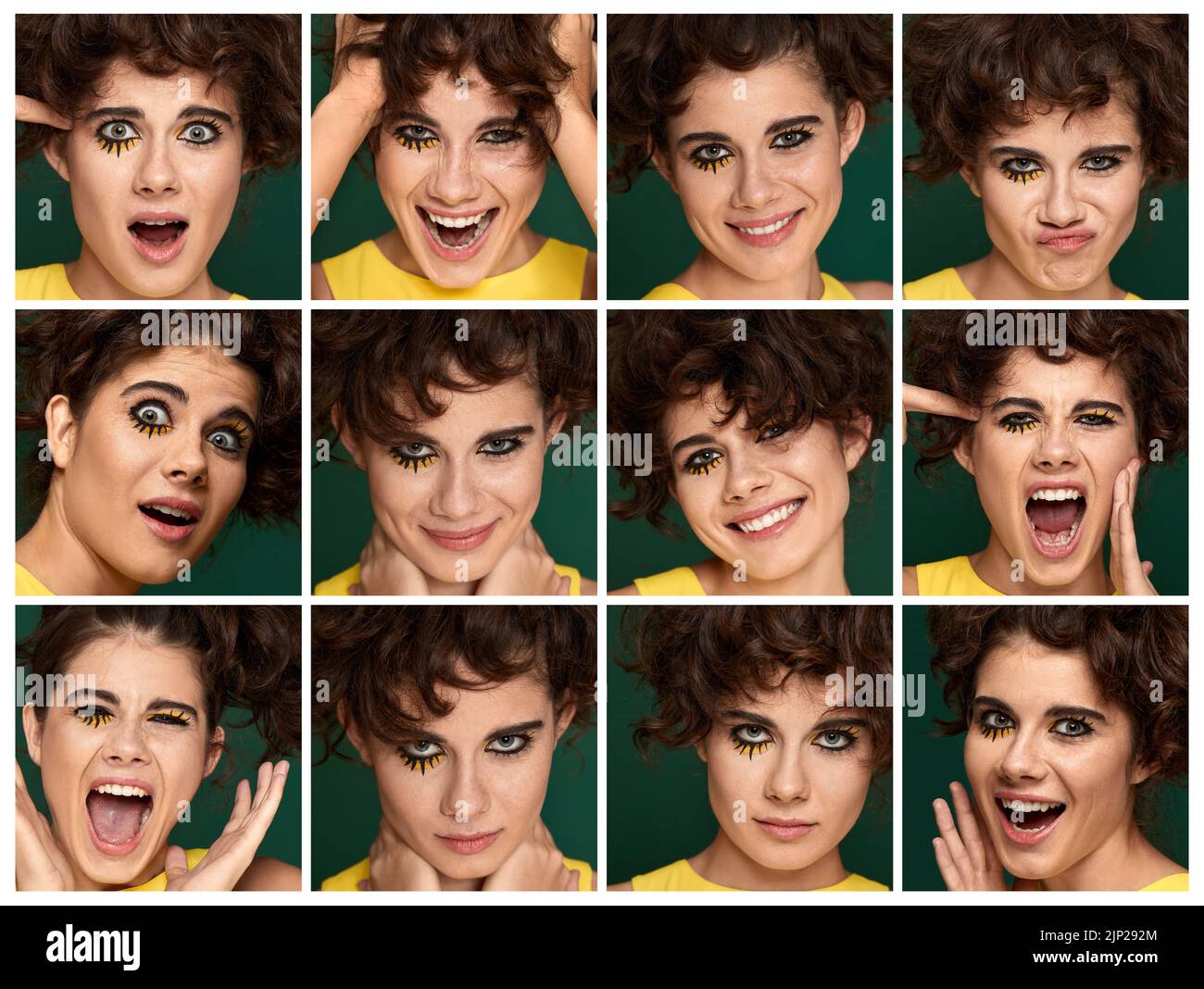 Set of girl in yellow dress with different facial expressions Stock ...