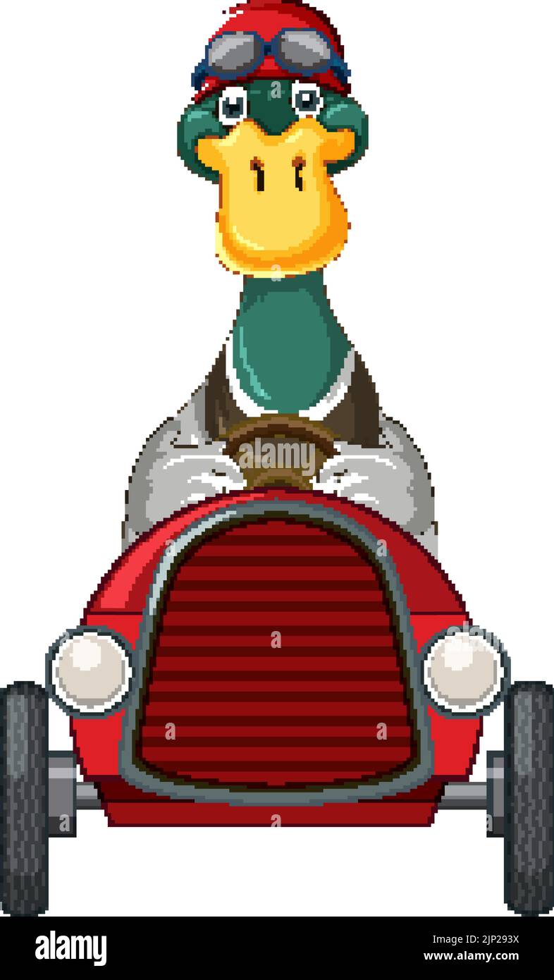Cute duck wearing helmet driving racing car illustration Stock Vector ...
