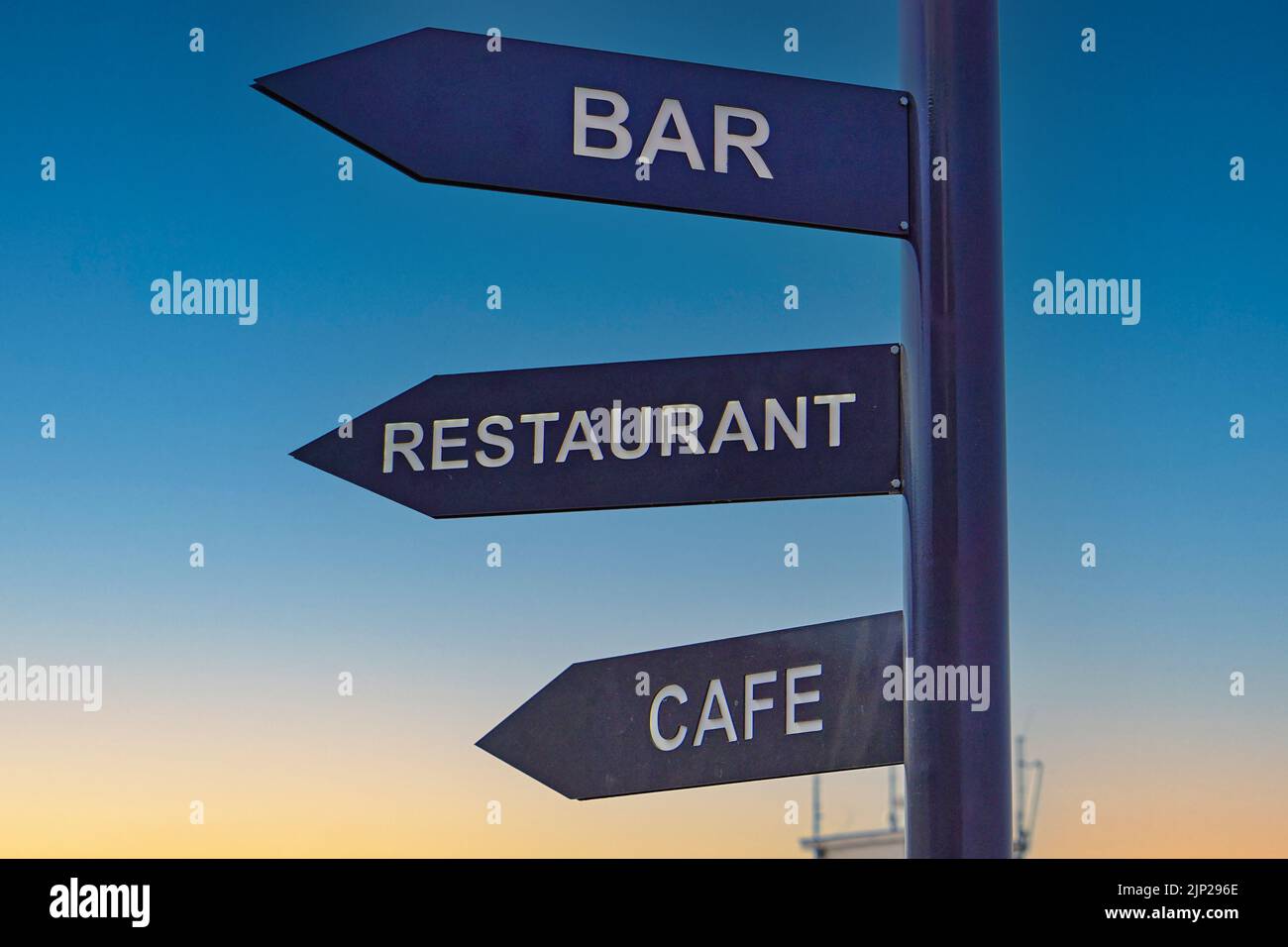 Bar restaurant cafe black sign post direction arrow info Stock Photo ...