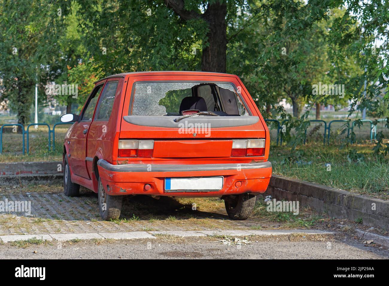 Crushed rear windscreen glass burglary car damage problems Stock Photo ...