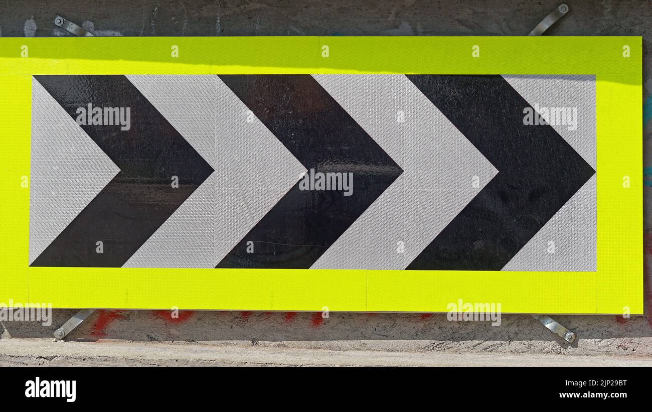 Chevron sharp right curve warning traffic sign arrows frame Stock Photo ...