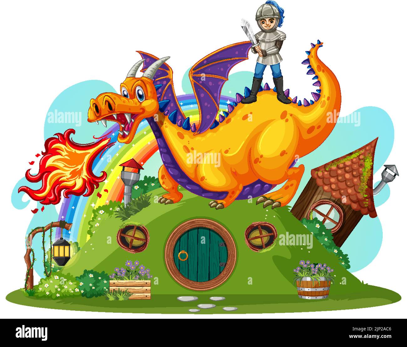 Knight at hobbit house on white background illustration Stock Vector ...