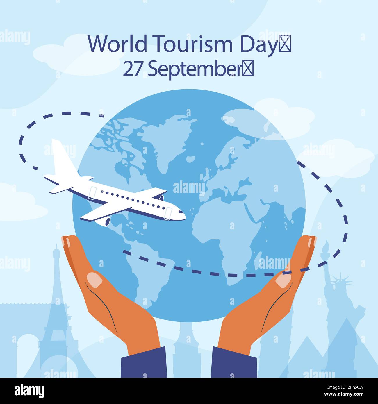 Flat illustration for world tourism day celebration, the plane flies ...
