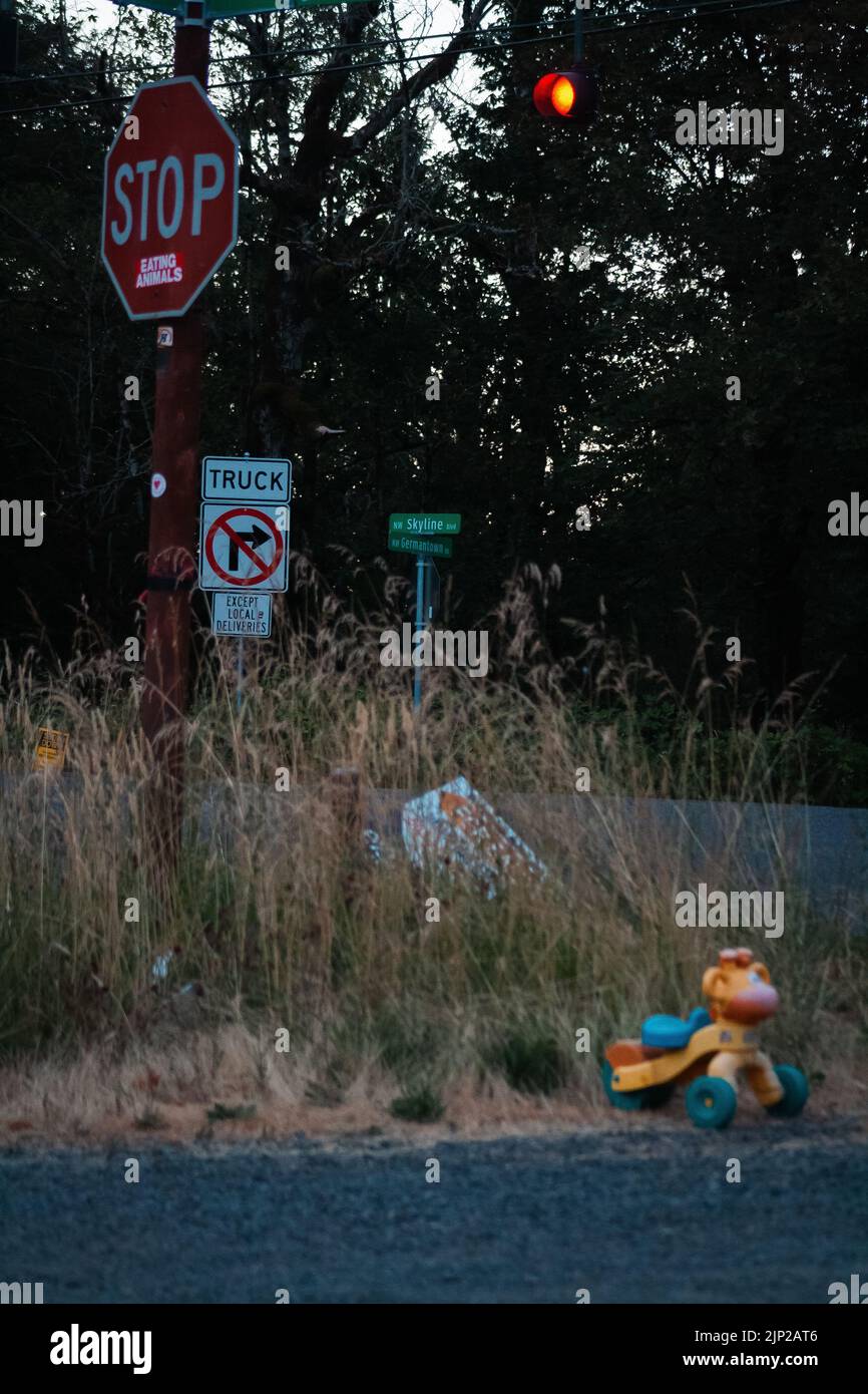 A vertical shot of a ride-on toy near the road with traffic signs ...