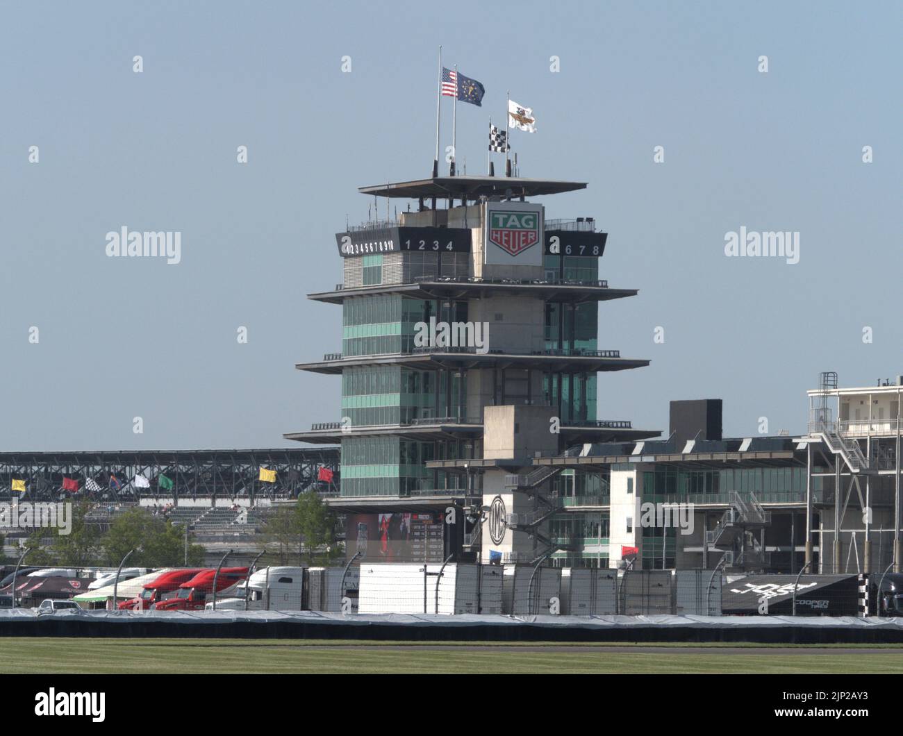 A view of the Indianapolis motor speedway building from the field Stock ...