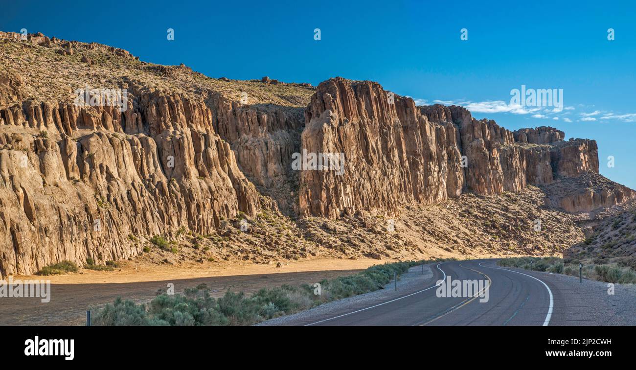 Tuff cliffs at SR 318 highway, White River Narrows, Basin and Range ...