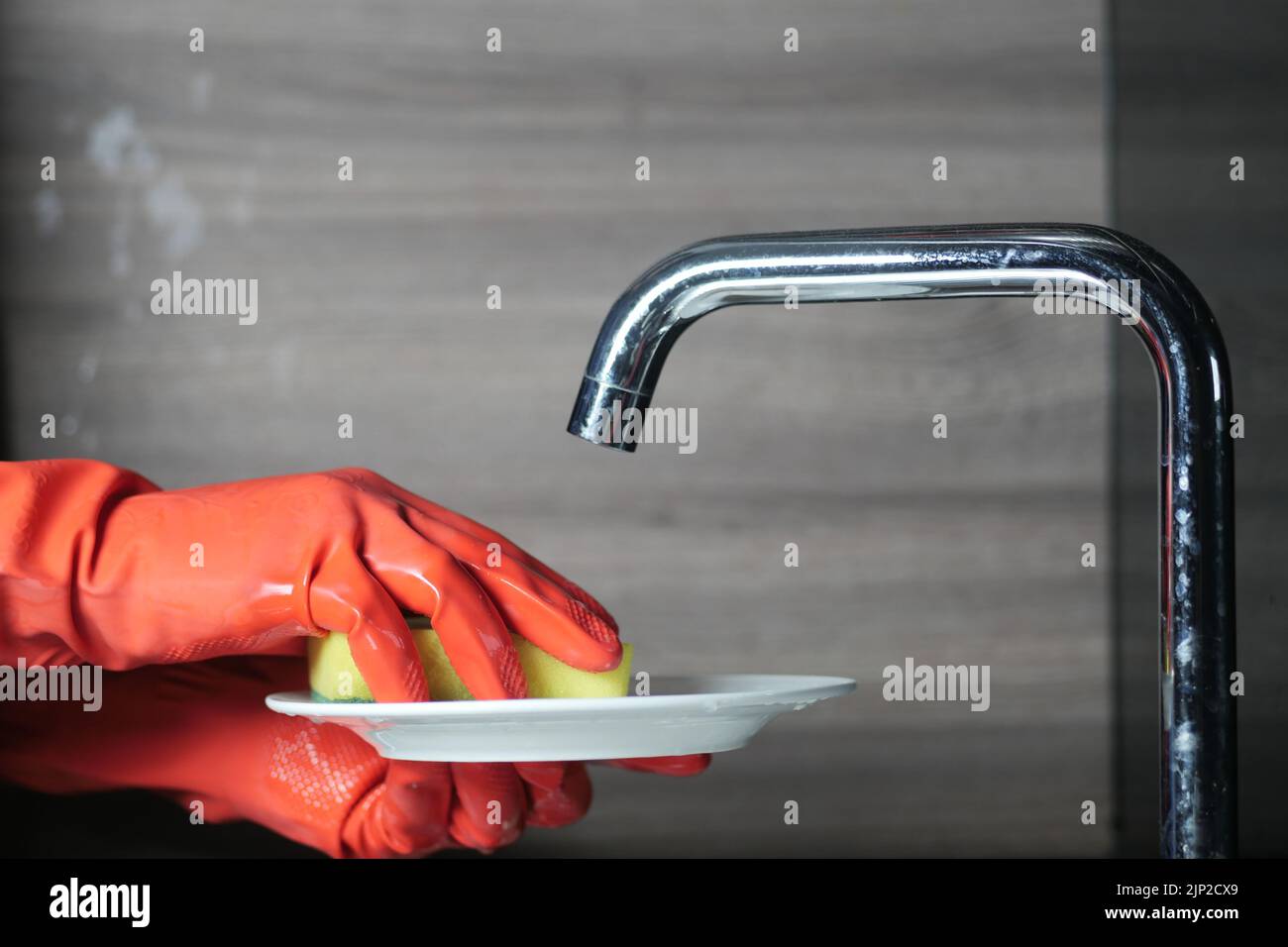 sponge , hand in red rubber gloves cleaning a plate with sponge Stock ...