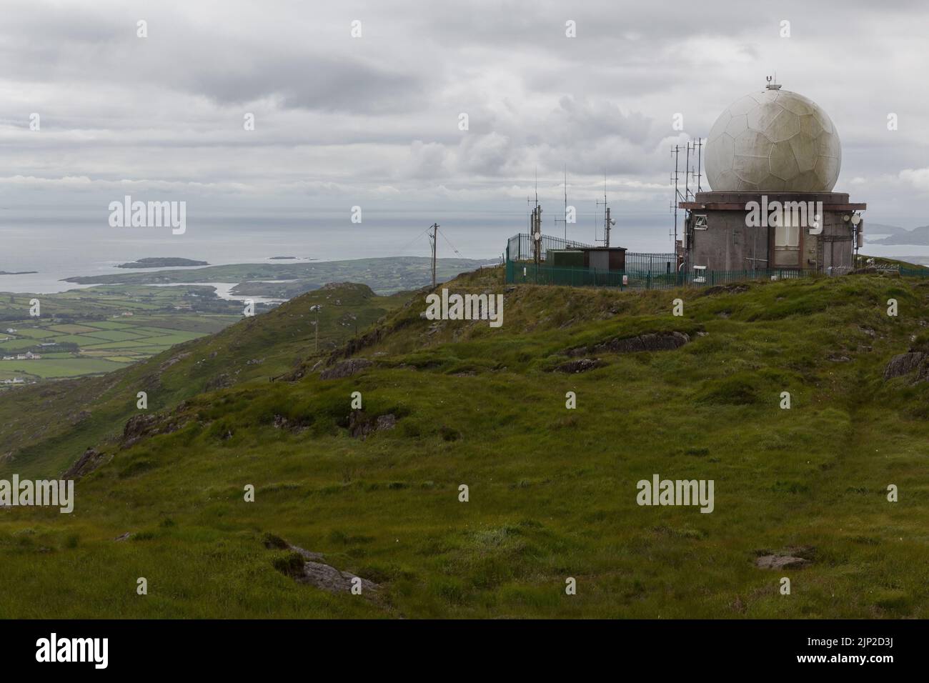 An Irish Aviation Authority radar tracking installation on a green hill ...