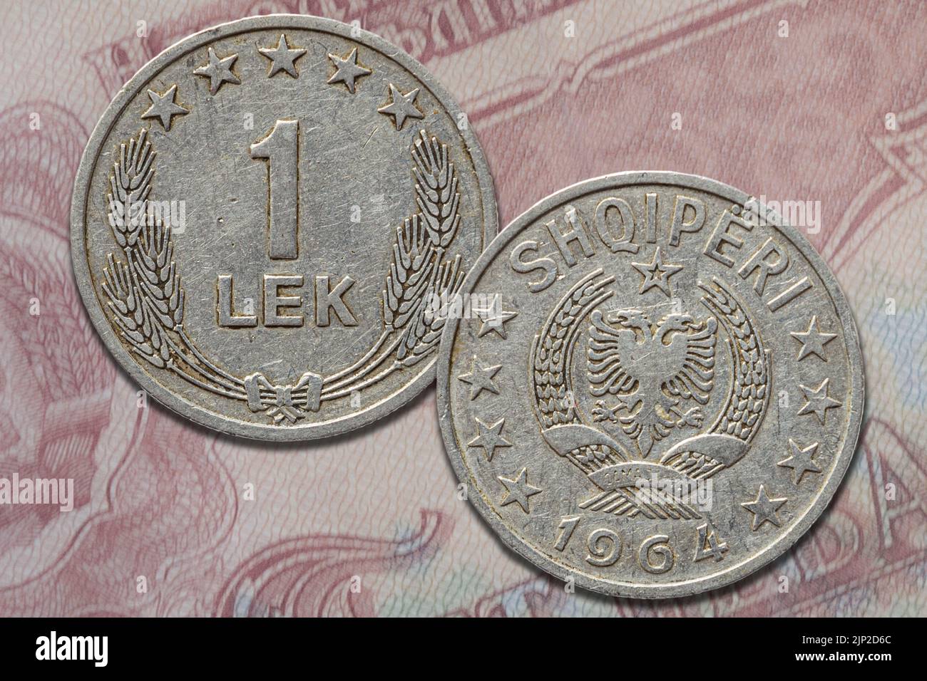 A closeup shot of Albanian lek coin from both obverse and reverse sides ...