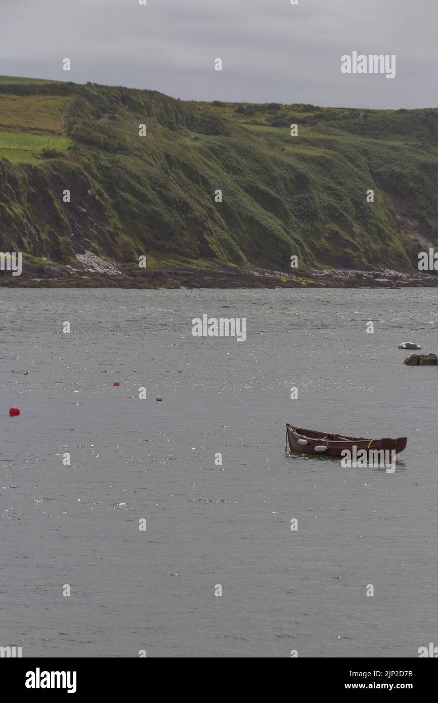 A vertical shot of a small boat floating on a sea near a green coast ...