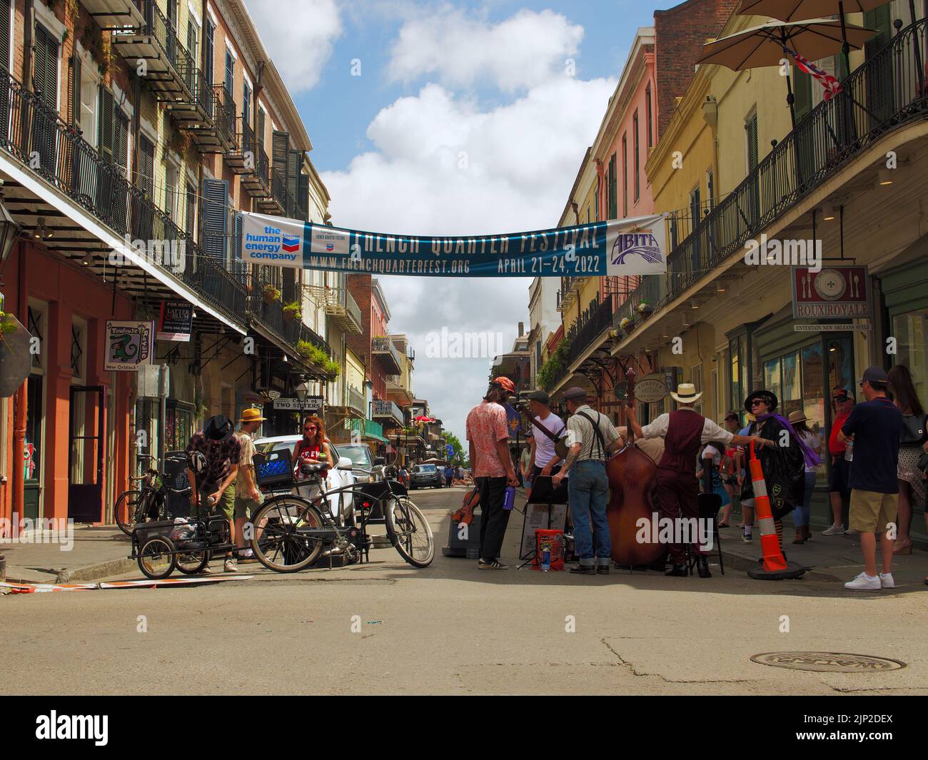 A band setting up instruments on Royal Street during French Quarter ...