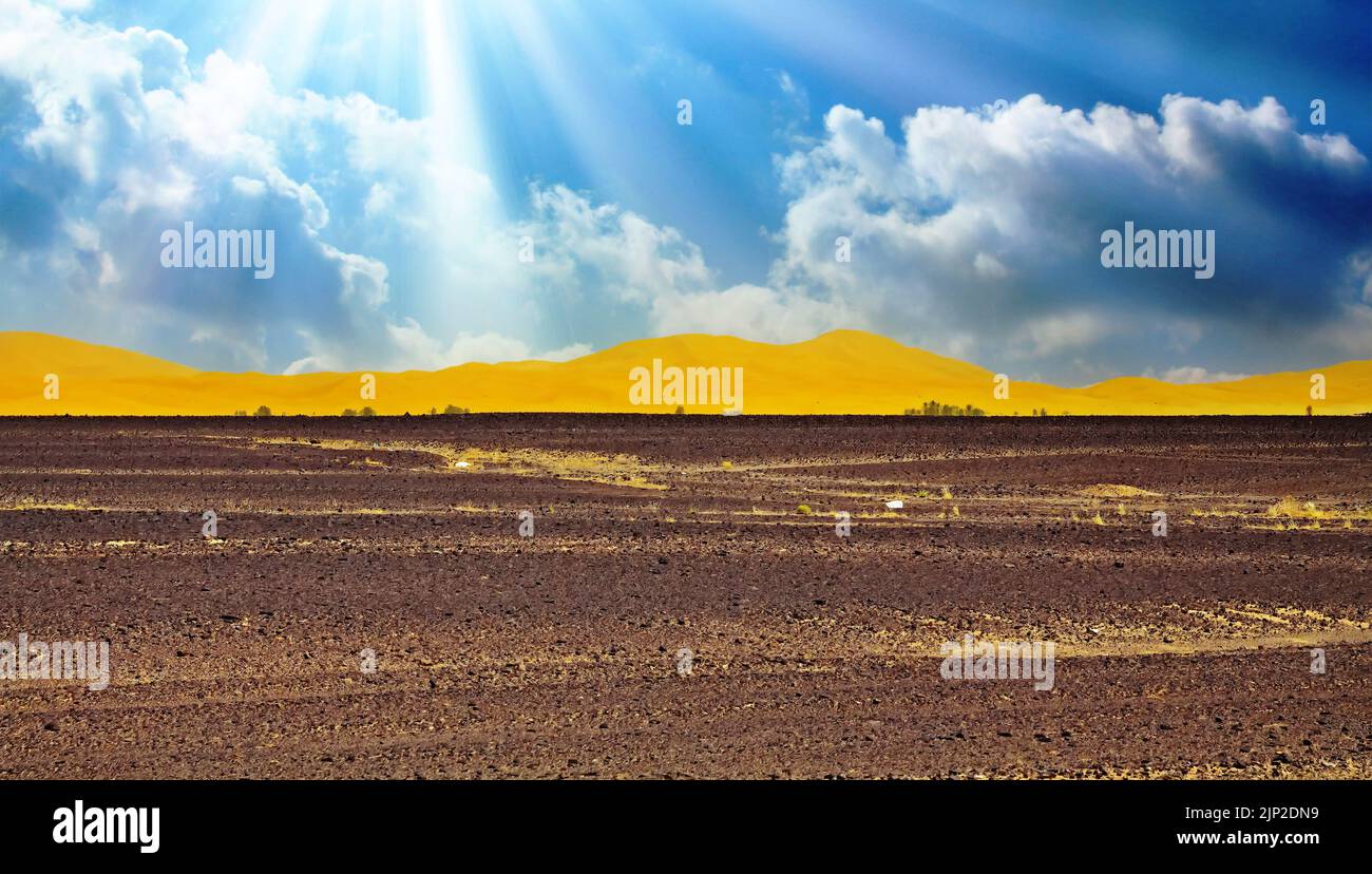 Beautiful wide vast arid dry moroccan desert landscape, black scorched ...