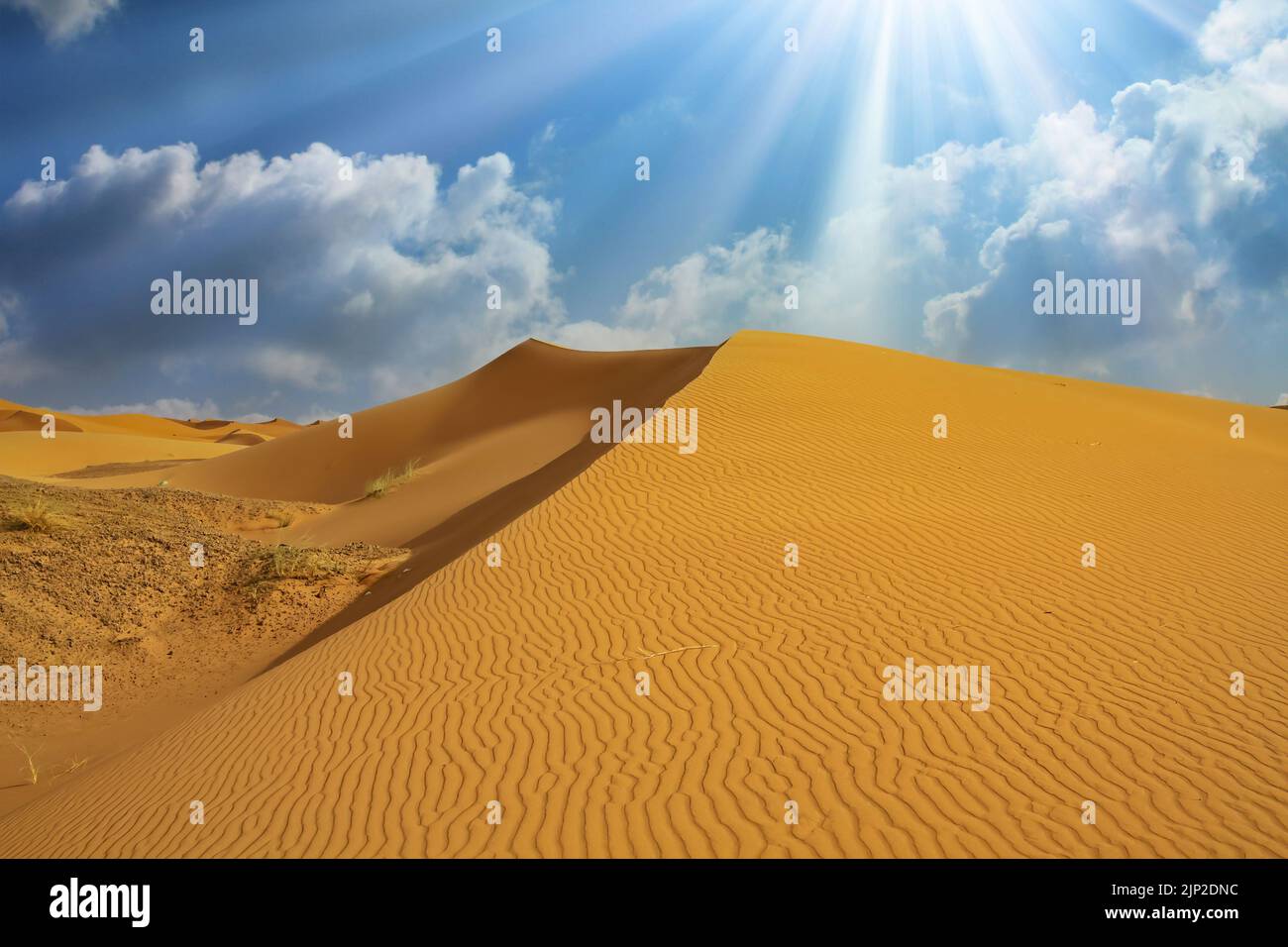 Beautiful african desert landscape, triangle shape yellow sand dune ...