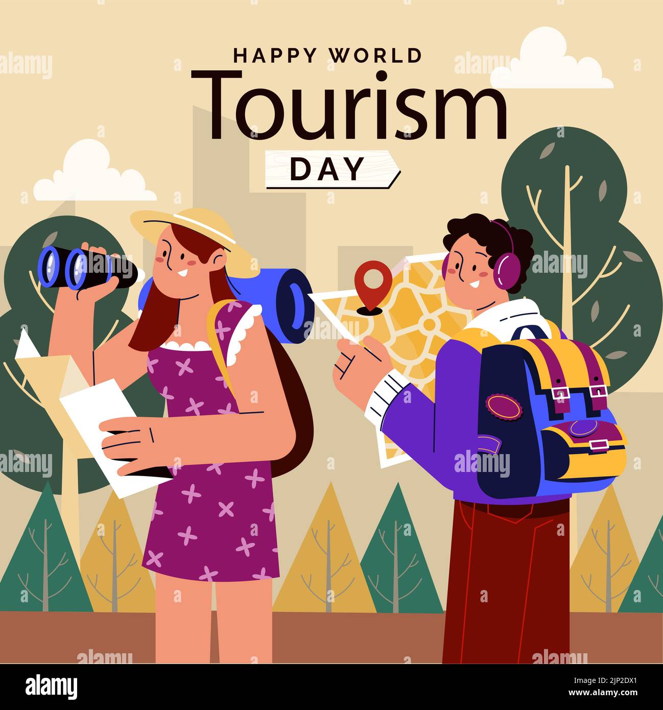 Flat illustration for world tourism day celebration, girl and guy ...