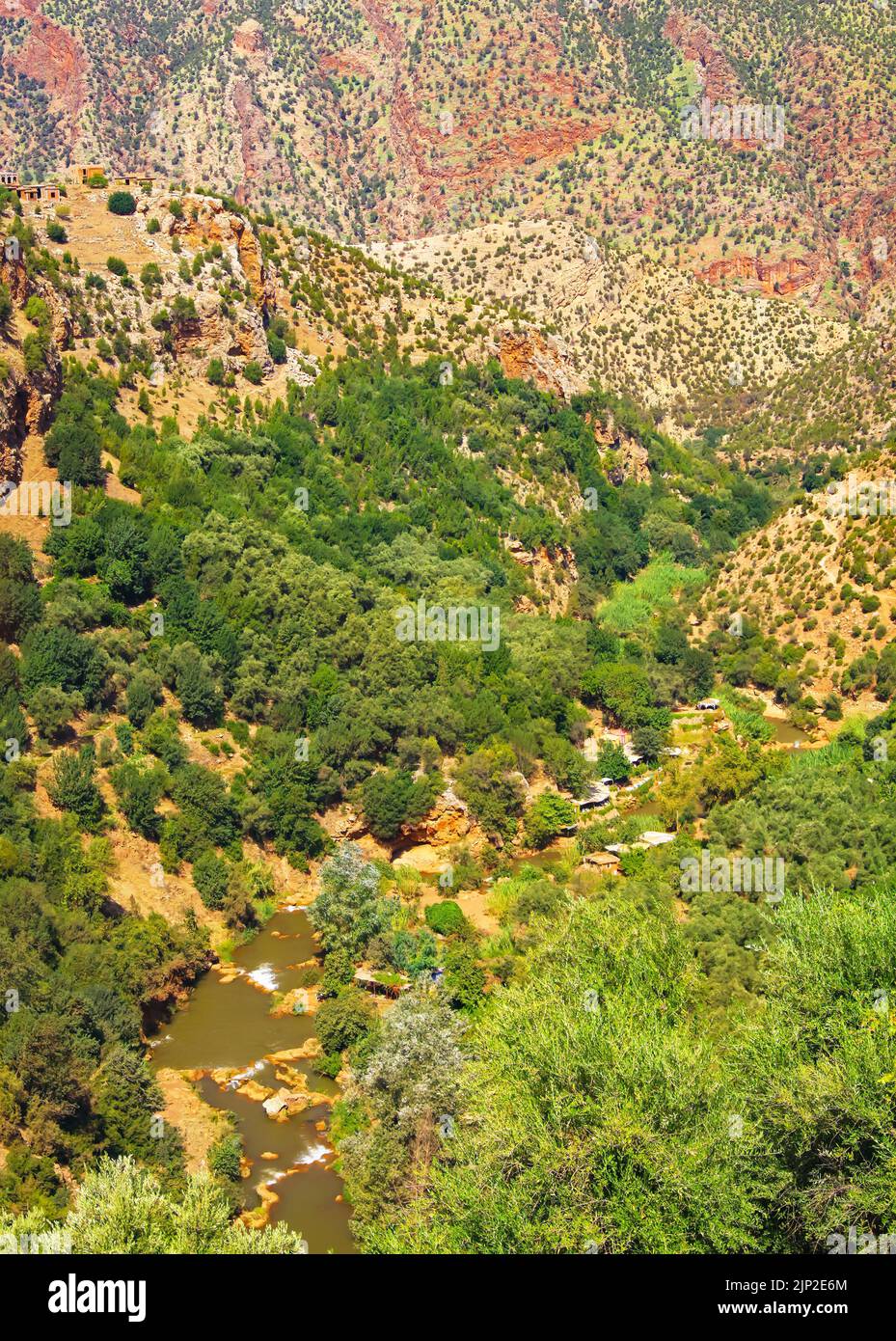 Beautiful scenic mountain valley landscape with river, green conifer ...