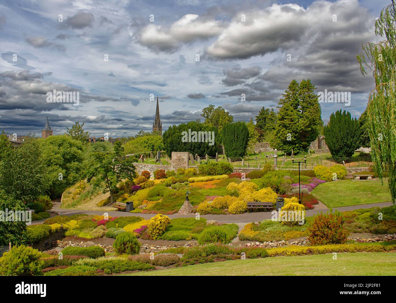 PERTH CITY SCOTLAND VIEW ACROSS RIVERSIDE HEATHER GARDEN TO CHURCH ...