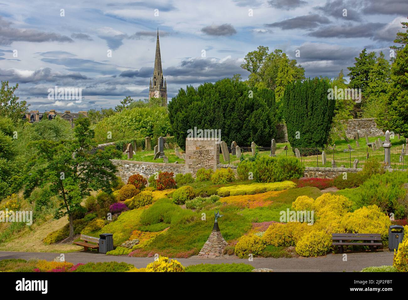 PERTH CITY SCOTLAND VIEW ACROSS RIVERSIDE HEATHER GARDEN TO ST MATTHEWS ...