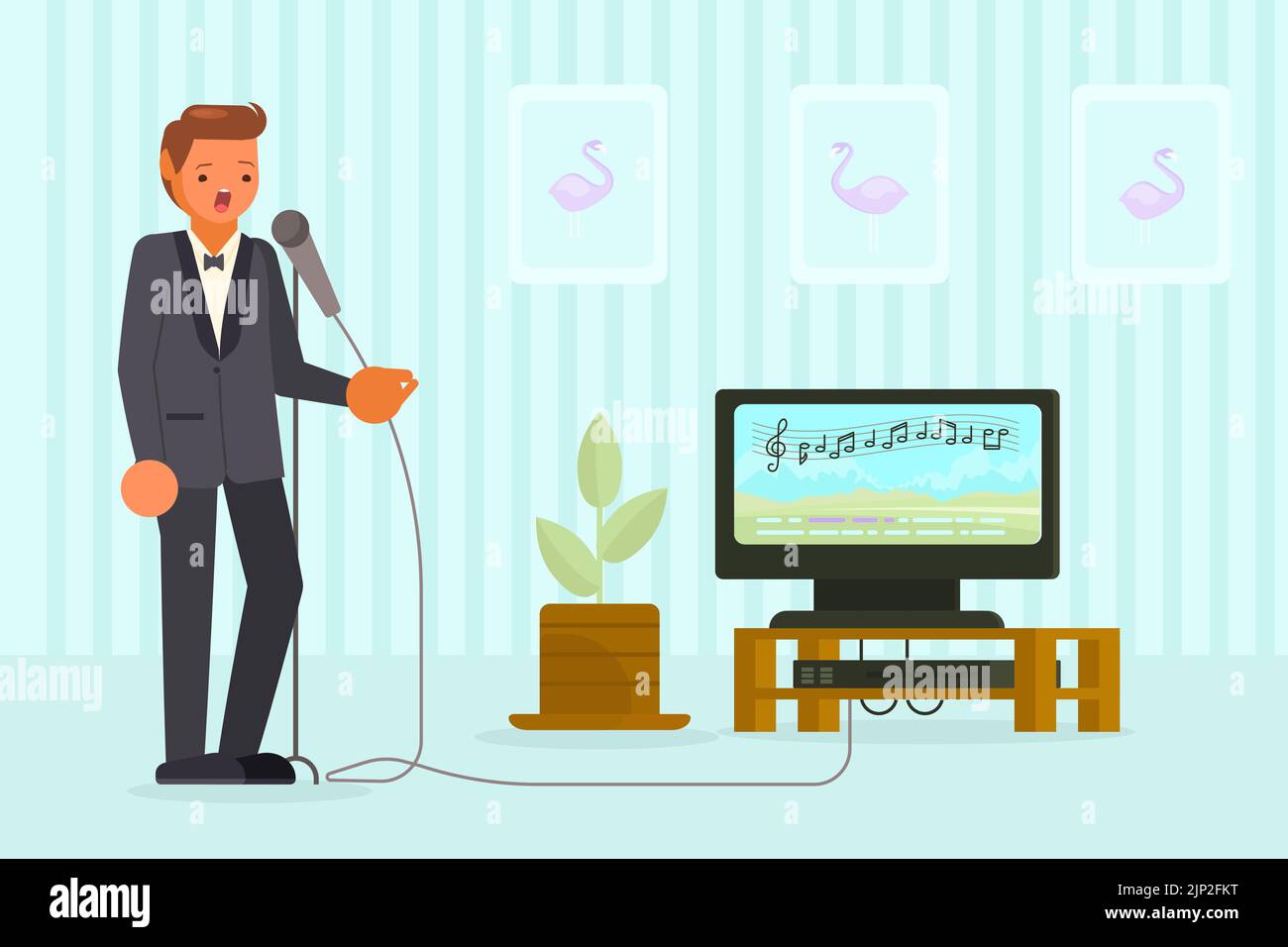 Man Singing Karaoke Vector Illustration In Flat Style Stock Vector