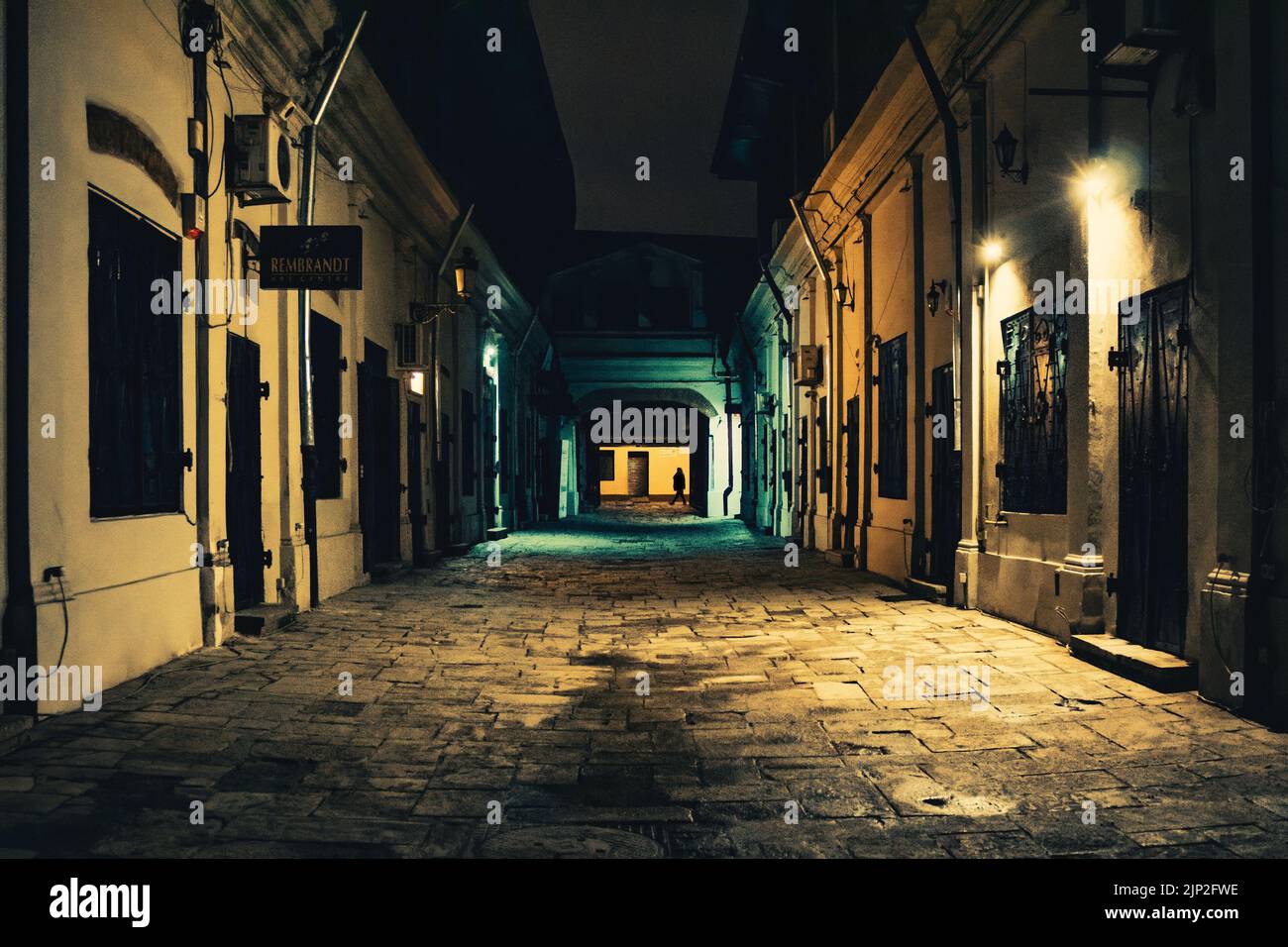 The Linden tree Inn (Hanul cu tei alley) in Bucharest, Romania at night ...