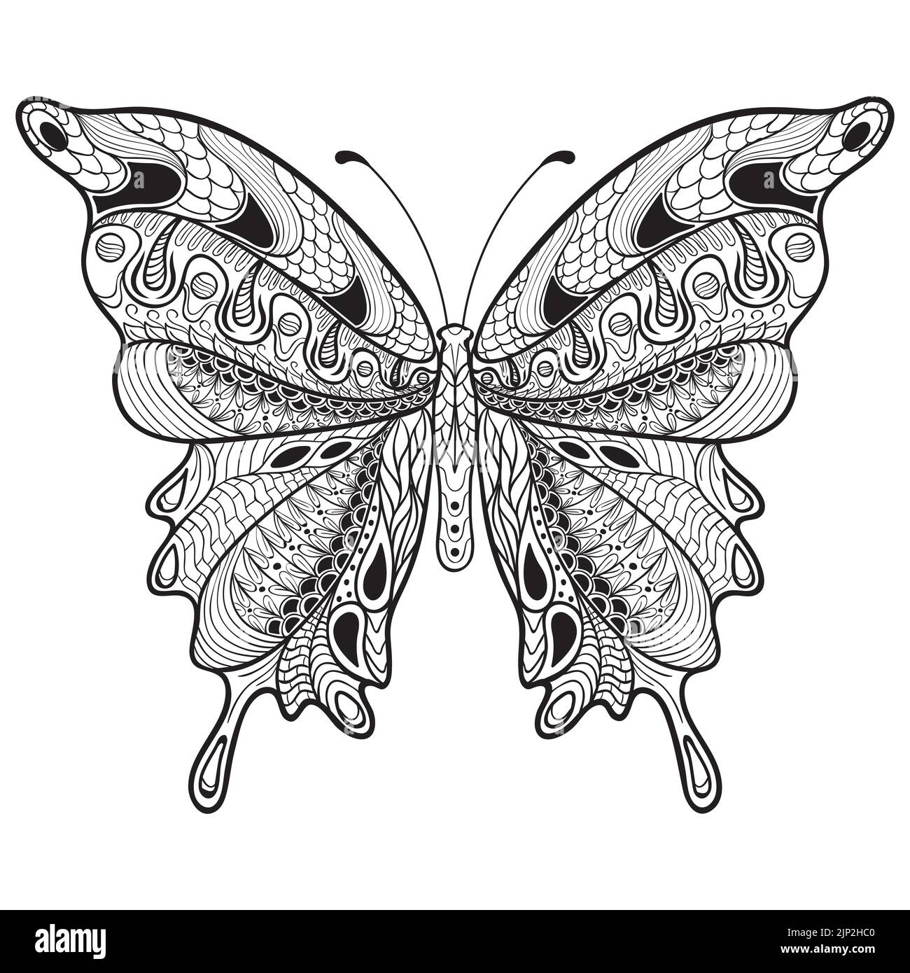 A beautiful butterfly mandala coloring book page isolated on white ...